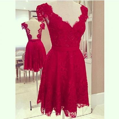 Elegant V Neck Low Back Red Lace Dress on Luulla