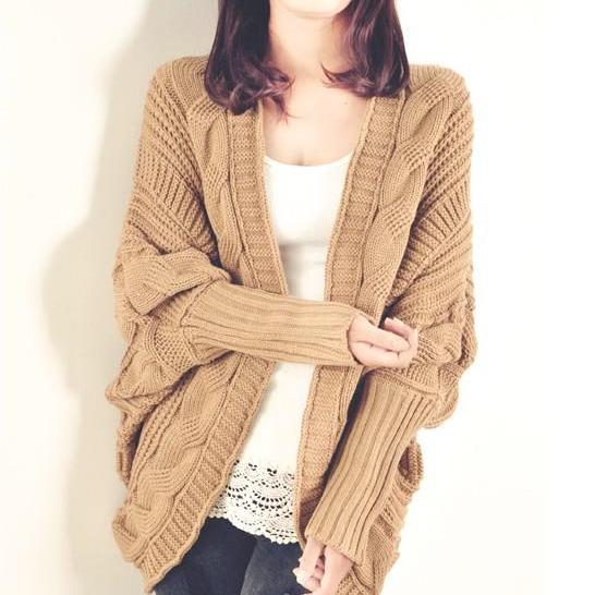 Vogue Slit Design Unclosed Batwing Sleeve Cardigans - Khaki on Luulla