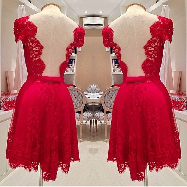Elegant V Neck Low Back Red Lace Dress on Luulla